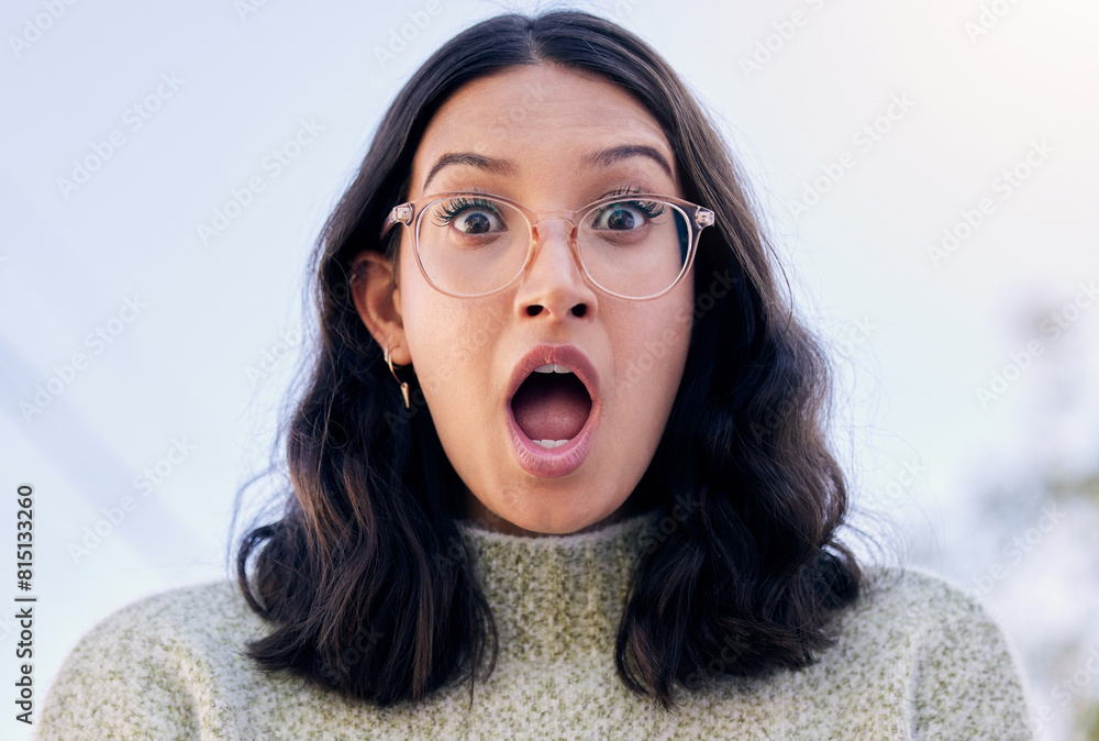 Woman, portrait and surprised of shocked for gossip, announcement and ...