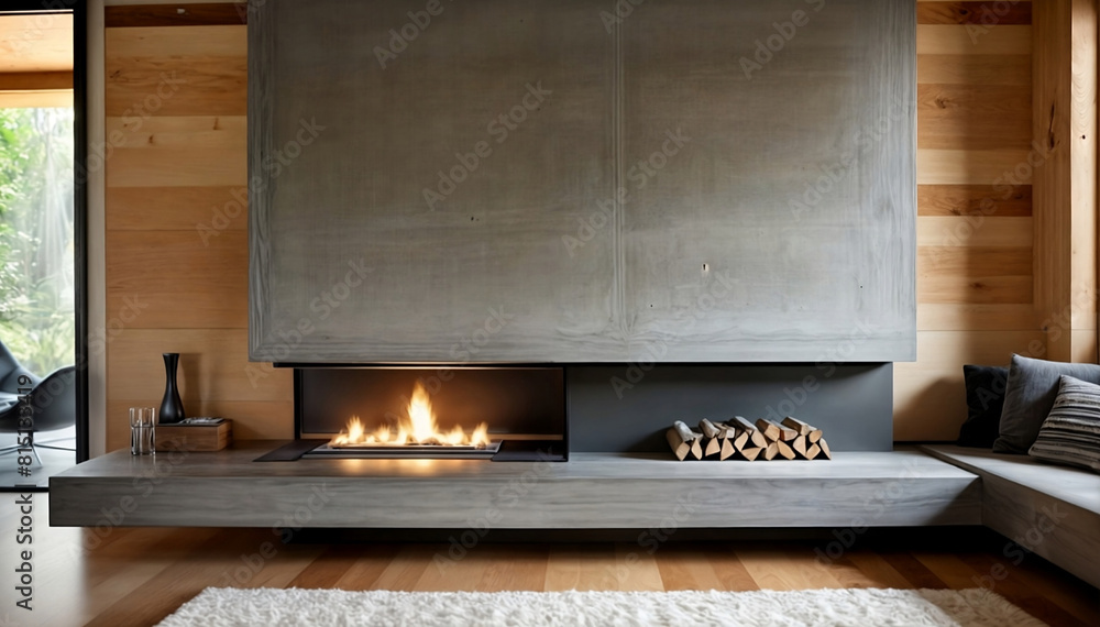 floating hearth of the modern fireplace is crafted from a combination ...