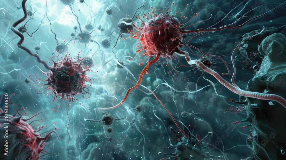 Illustrating viruses attacking nerve cells in a 3D format this concept ...