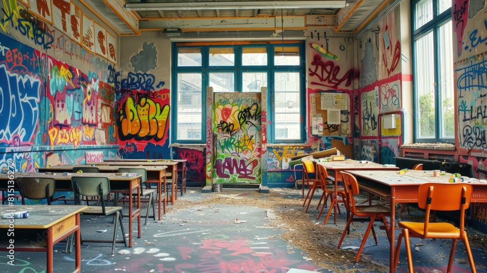 School walls covered with educational graffiti, learning in color â ...