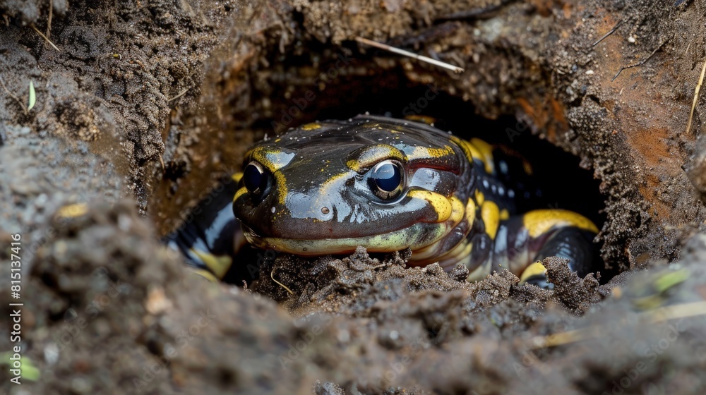 Tiger salamander in burrow, striking markings, secretive. Stock Photo ...