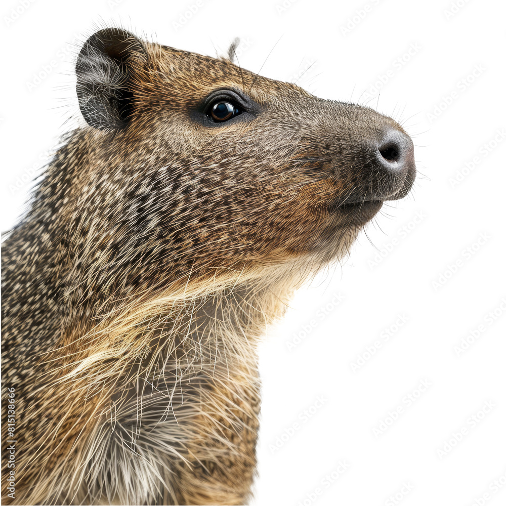 A detailed view of a small rodent against a plain white backdrop, a ...