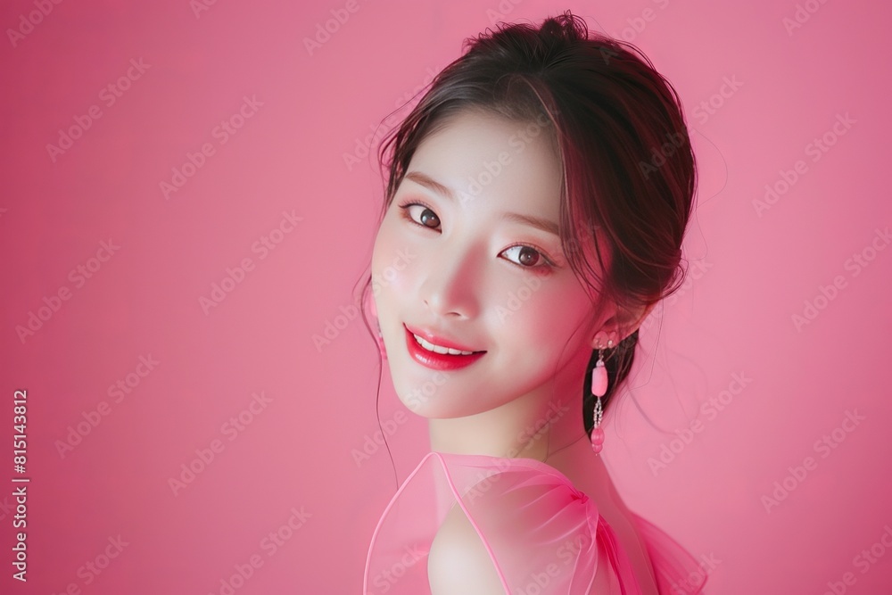 Korean beauty, pink background, wearing a pink dress in the style of ...