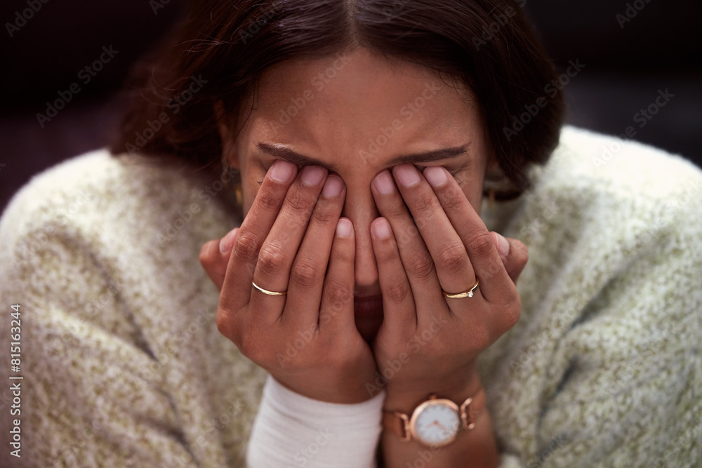 Crying, fear and woman with hands on face to stop domestic violence ...