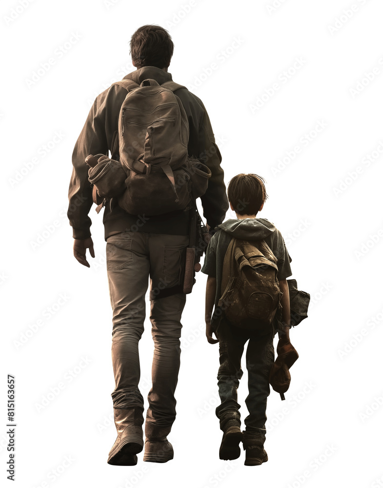 Post apocalyptic dystopian survivor father and child walking away. Full ...