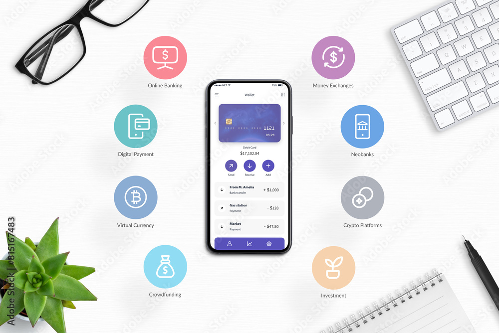Smartphone on a desk displays a fintech app concept with flying icons ...