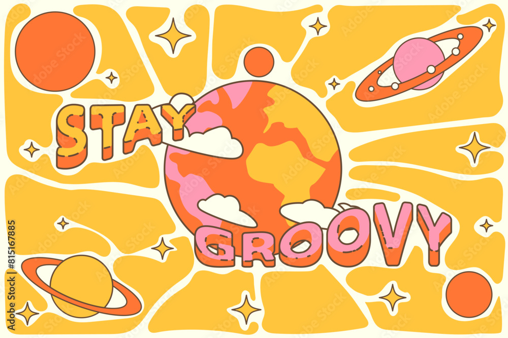Groovy poster in the style of the 70s with planets, earth stars, petals ...
