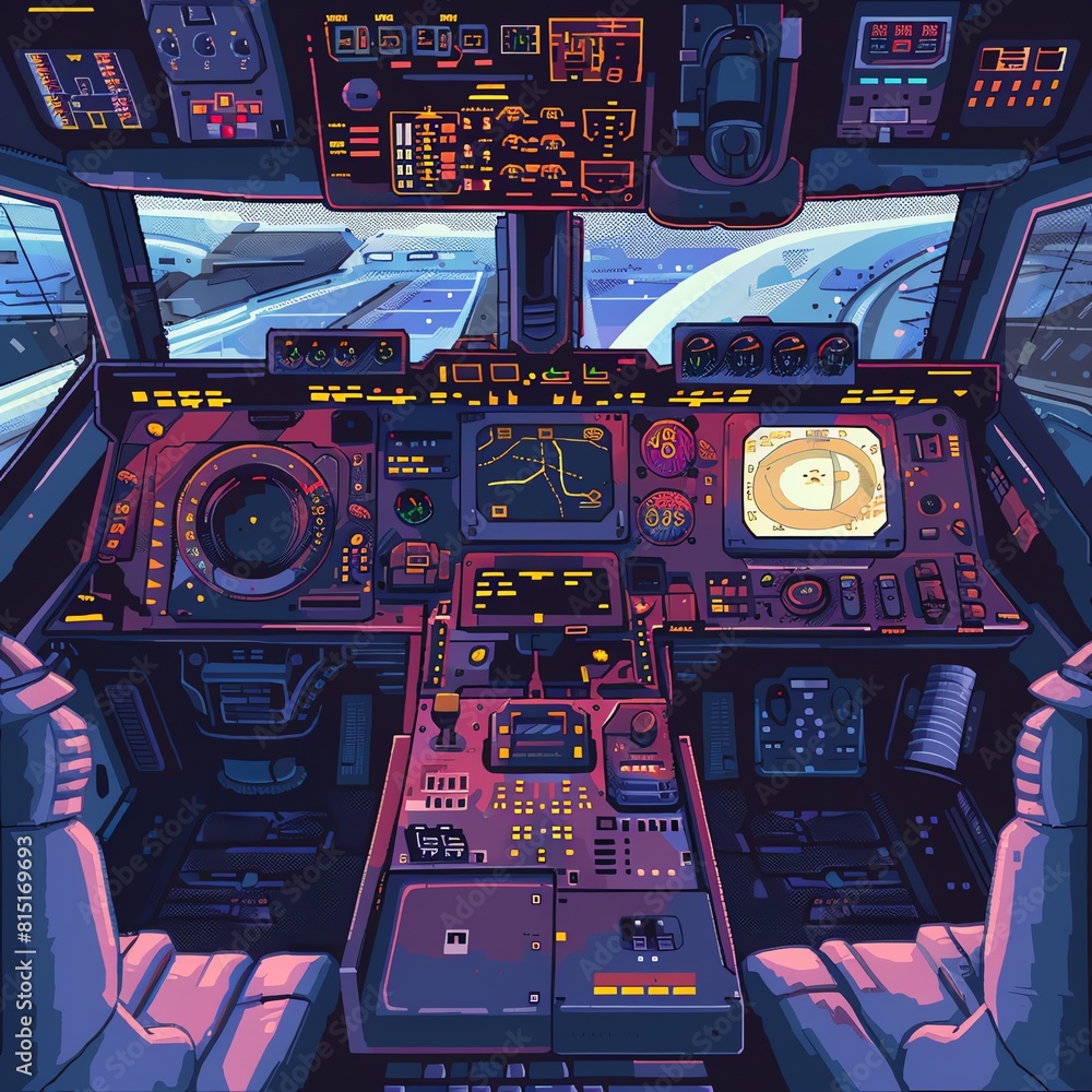 Generate a pixel art image of a spaceship cockpit. The spaceship is ...