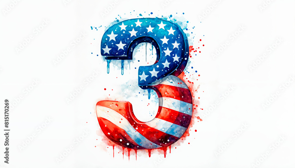 Number 3 in vivid U.S. flag colors with a dynamic dripping design ...