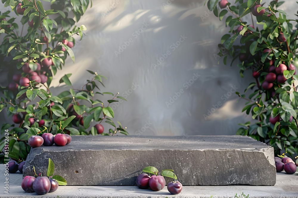 Plum Plaza An unadorned natural stone podium, with plums thoughtfully ...