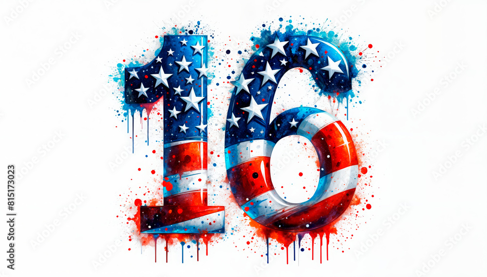 Number 16 in vibrant U.S. flag colors with a melting design, ideal for ...
