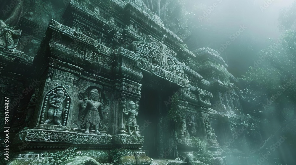 An ancient subterranean temple with detailed carvings and statues ...