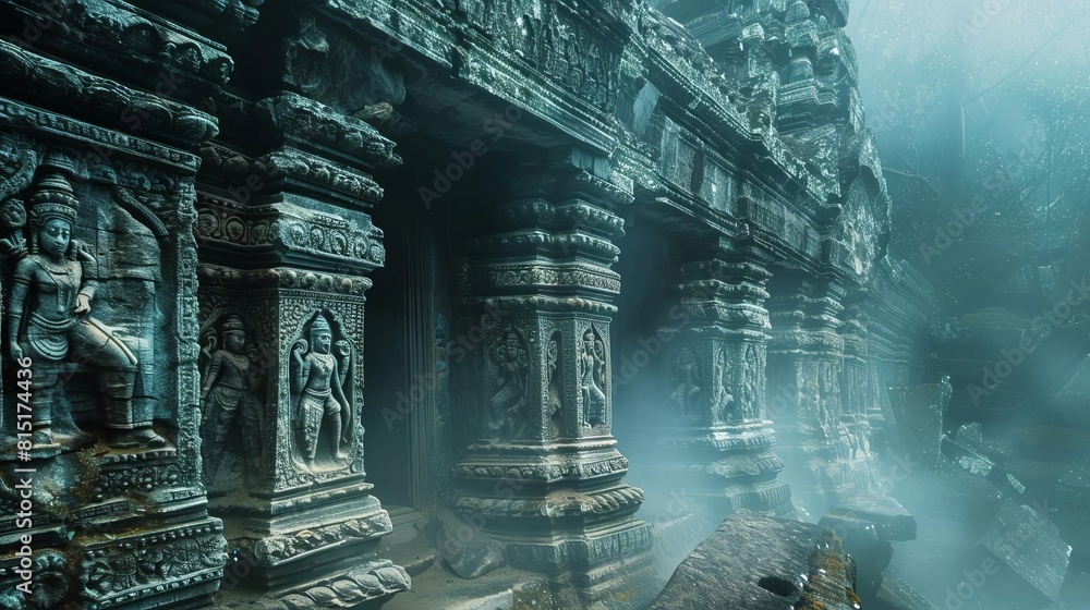 An ancient subterranean temple with detailed carvings and statues ...
