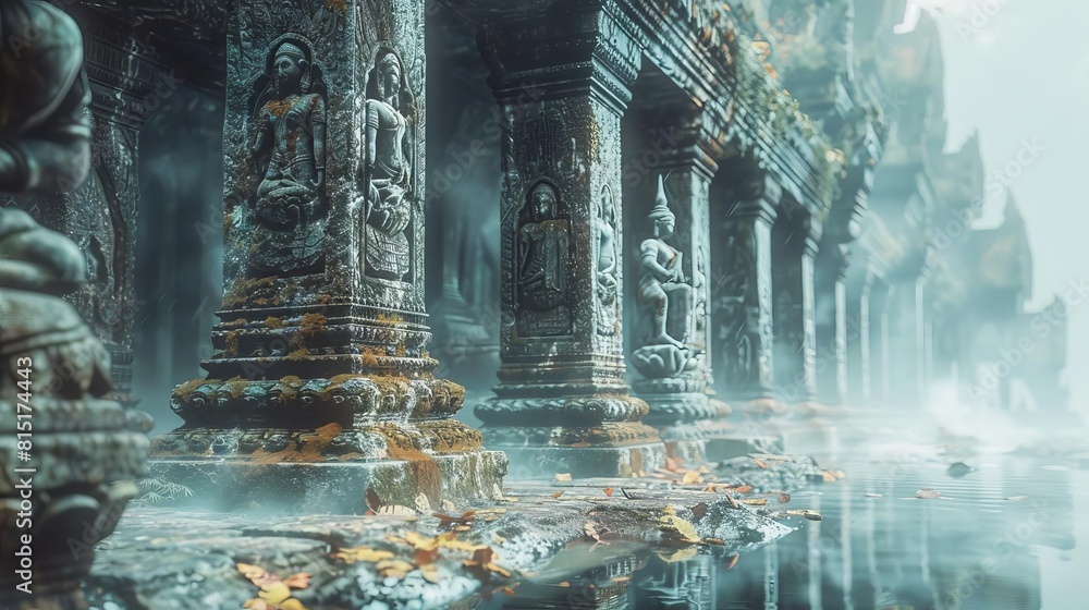 An ancient subterranean temple with detailed carvings and statues ...