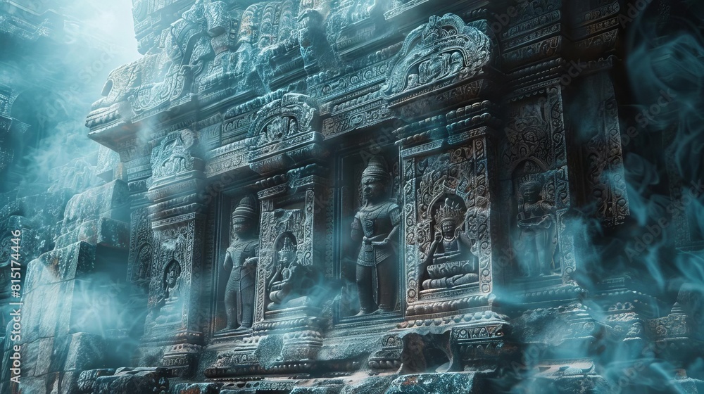 An ancient subterranean temple with detailed carvings and statues ...