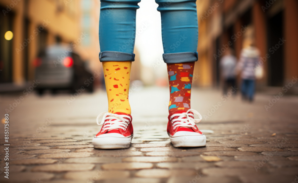 Kid legs with different pair of socks and red sneakers standing in the ...