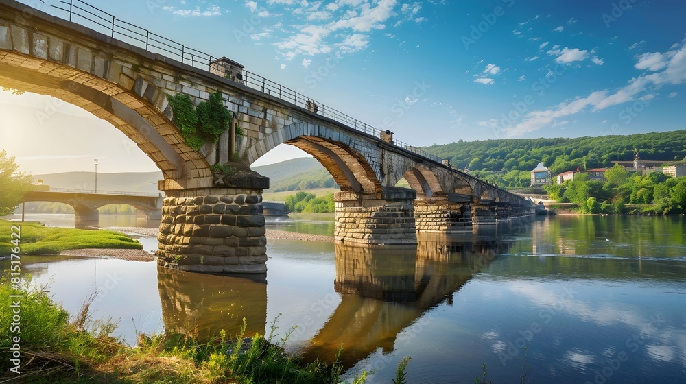 Iron bridge on stone piers across the Dniester River. Picturesque ...