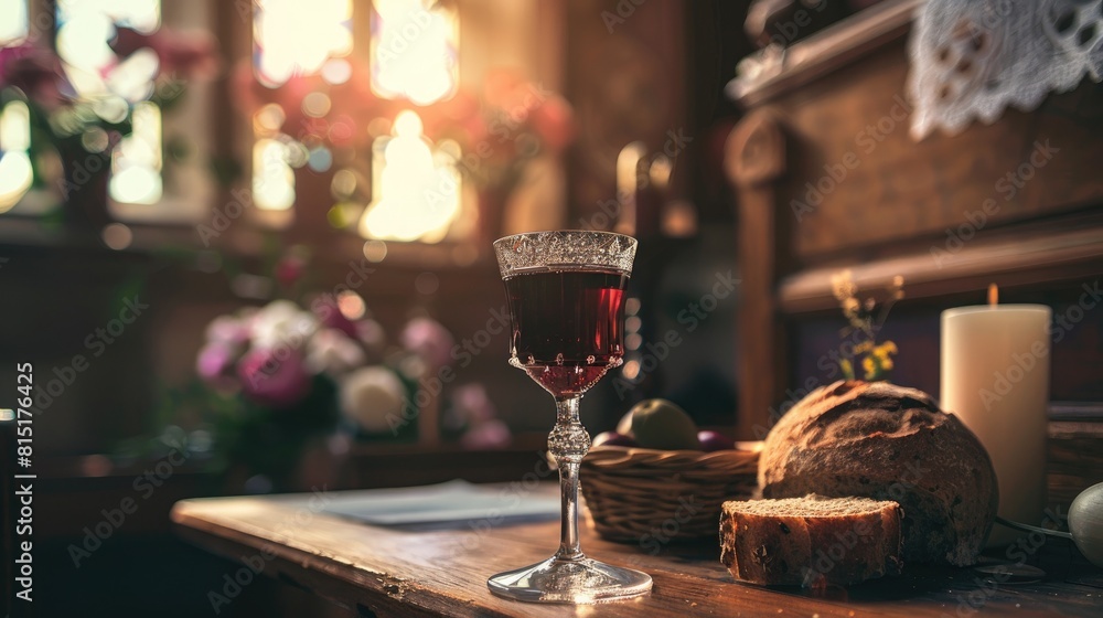 Partaking in Holy Communion at a wooden table in a church where a glass ...