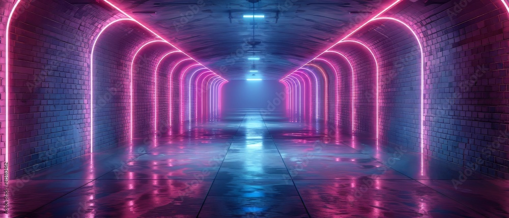 In this 3D illustration, there is an abstract tunnel with rays of blue ...