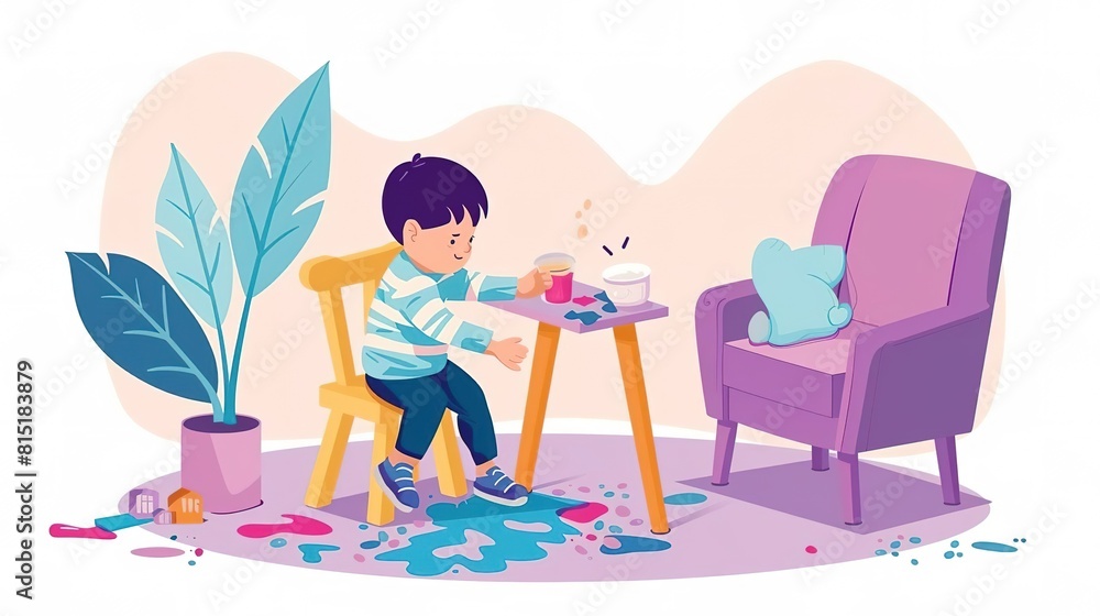 Little boy having fun making a mess with paints at home. Paints spilled ...