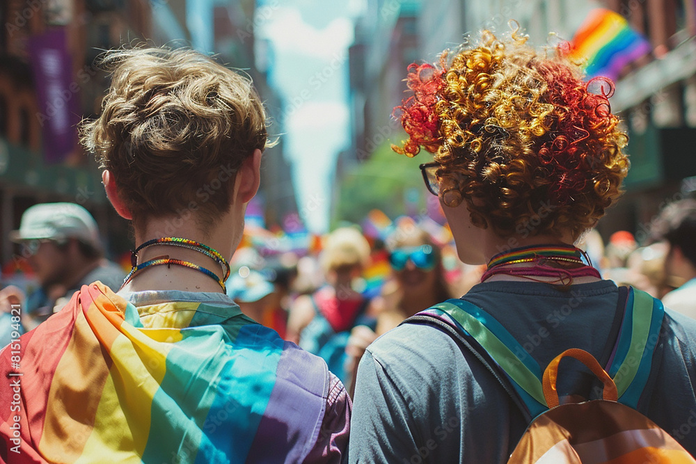 LGBT, parade of activists for LGBT rights with a rainbow flag ...