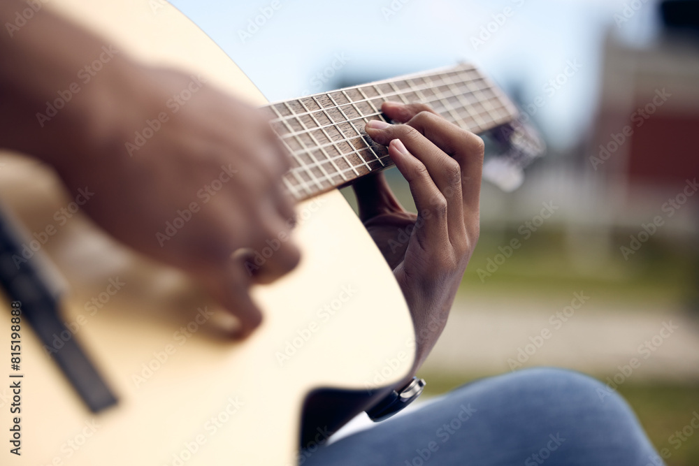 Man, guitar and hands in garden for music, sound and performance in ...