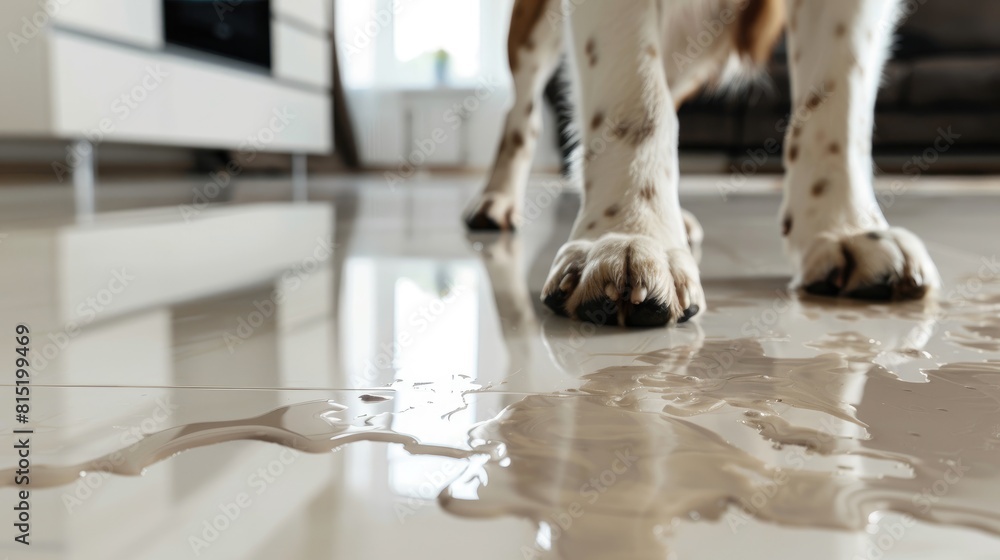 The dog's paws are on the wet floor. There is a puddle of water on the ...