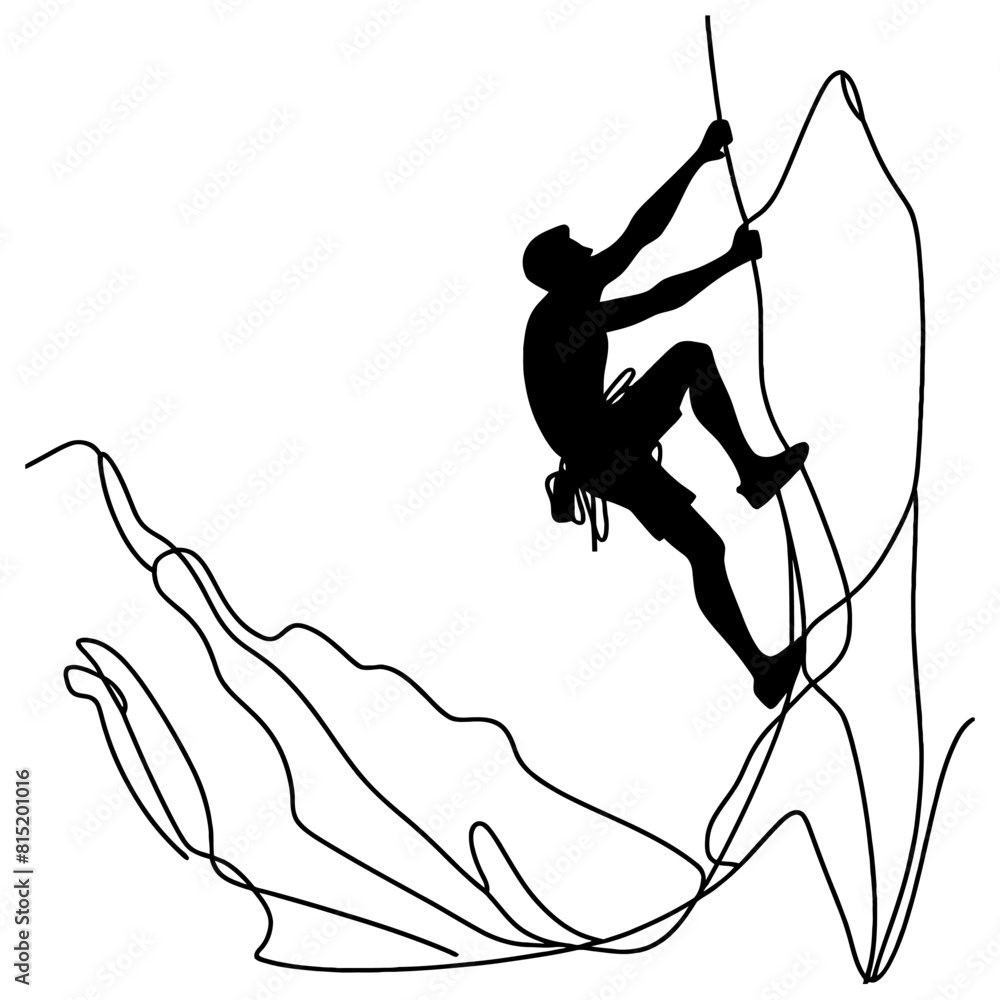 One line drawing of a female climber hanging from the top of a mountain ...
