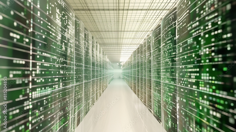 an abstract digital corridor background, green data center, and high ...