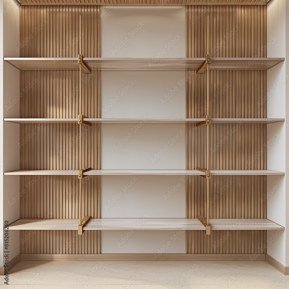 Realistic empty modern wall brass and white shelves with a scandi ...