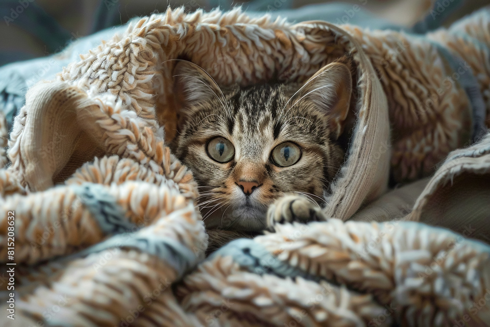 Cozy Cat Wrapped in a Blanket. A cute tabby cat snugly wrapped in a ...