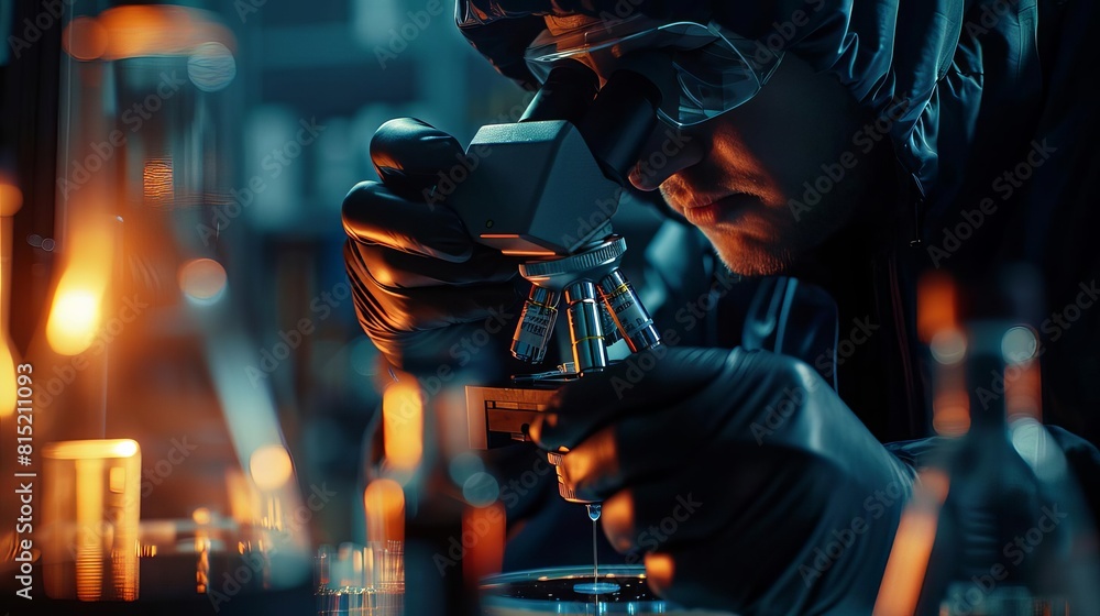 Create a detailed image of a forensics expert using a microscopic ...