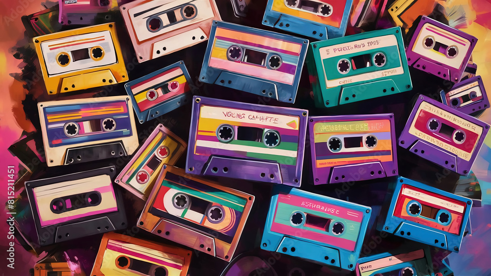 cassette tapes, colourful, digital, painting, nostalgia, retro, music ...