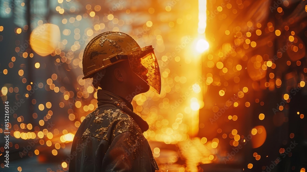 Depict a motivational scene in a metallurgy factory where workers ...