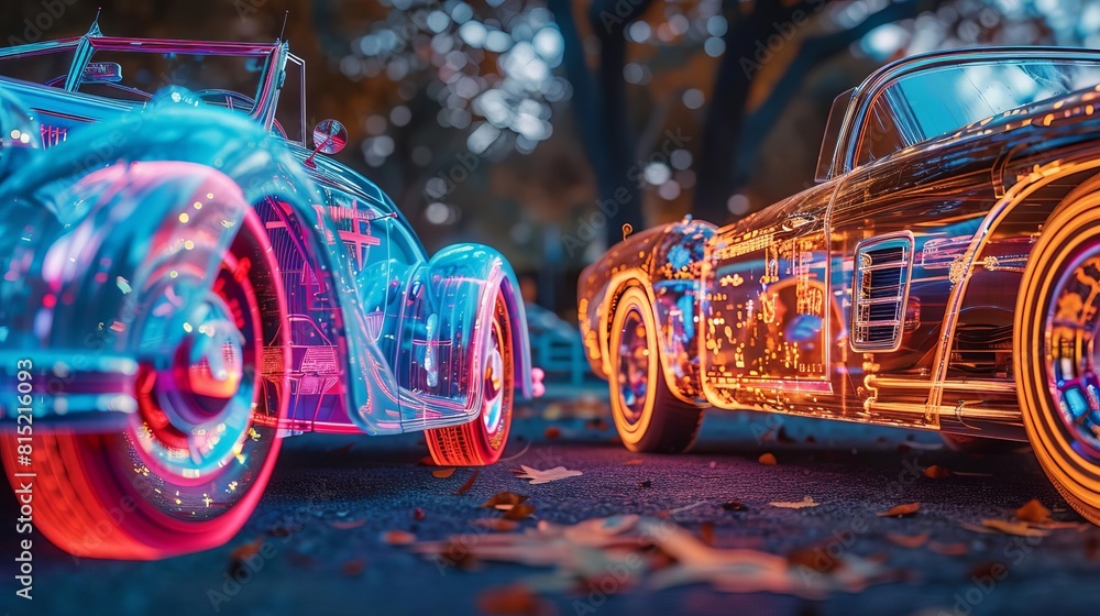 Depict a roadster in xray vision parked next to a classic car ...