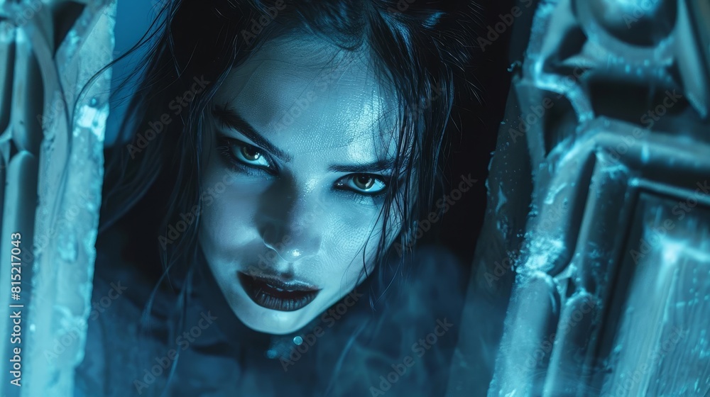 Depict a woman vampire emerging from a gothic crypt, her fangs gleaming ...