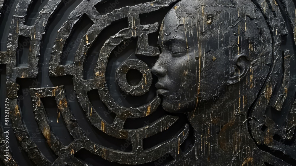 Depict an abstract art piece featuring a black maze intertwined with ...