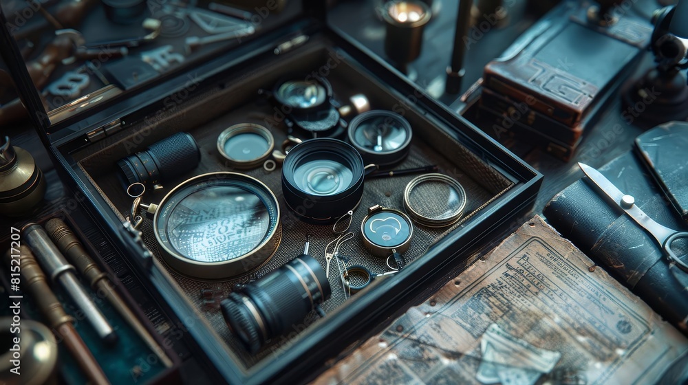 Design an artwork showing a forensics experts camera kit, specialized ...