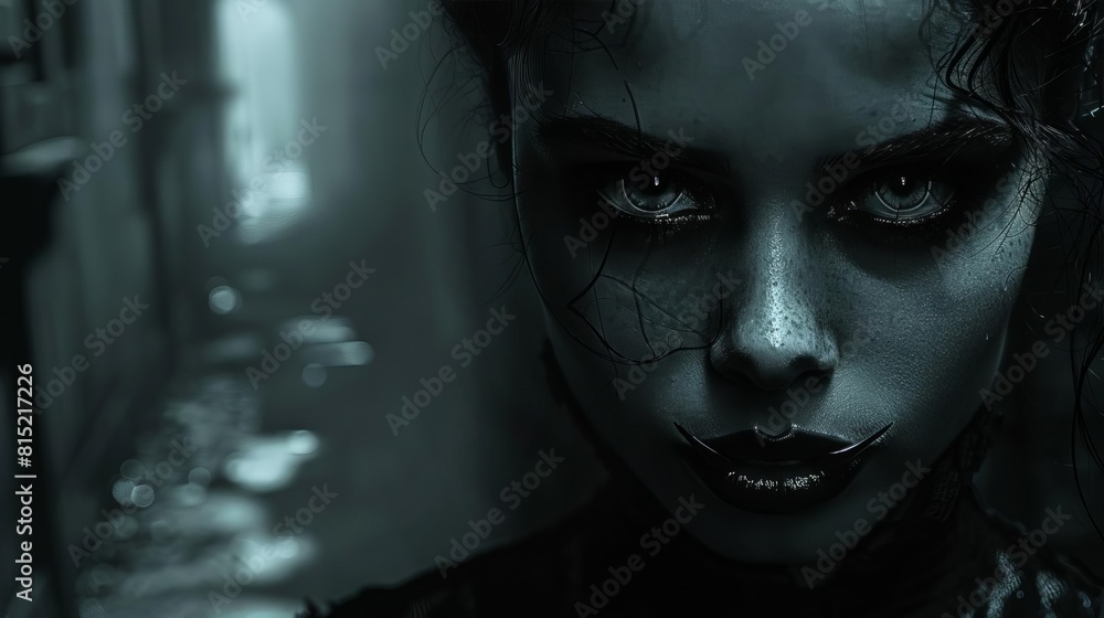Design an eerie image of a woman vampire with fangs ready, lurking in ...