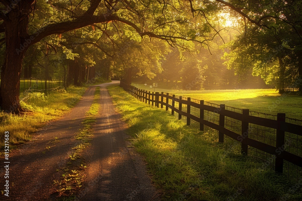 A beautiful country road in summer, with the sun shining through the ...