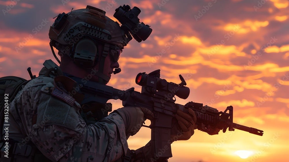 Silhouette of a soldier aiming rifle at dusk. Military theme. Dramatic ...