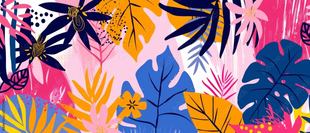 abstract jungle pattern with tropical flowers, bold colors, and ...