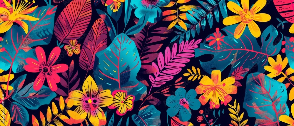 abstract jungle pattern with flowers, bold colors, hand drawn ...