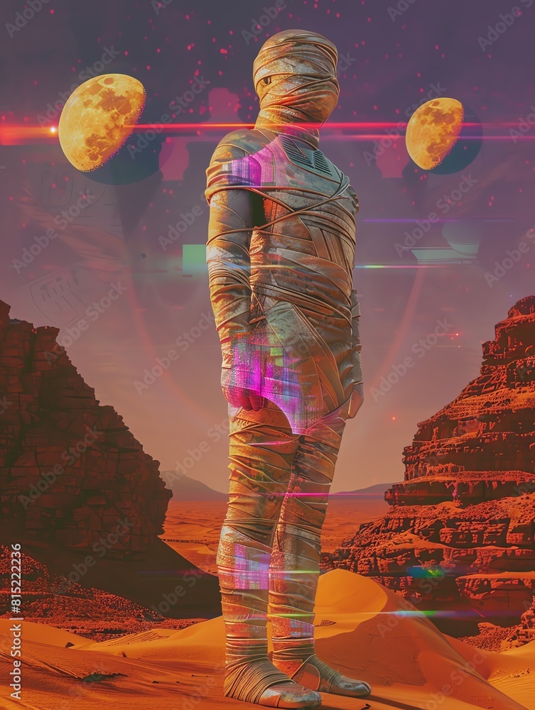 An ancient Egyptian mummy stands in the middle of a desert. The mummy ...