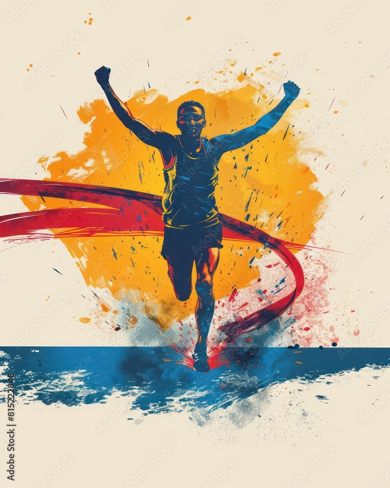 Marathon runner raising their arms in triumph as they cross the finish ...