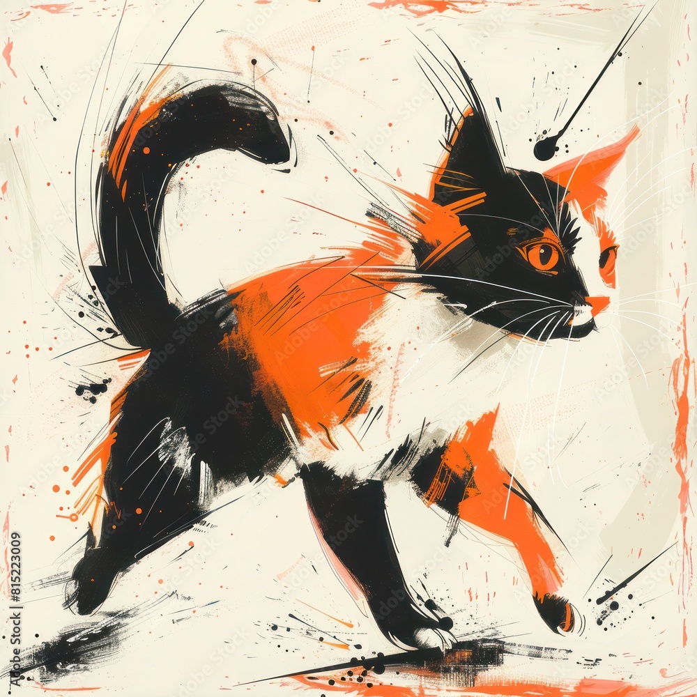 Spirited cat with an arched back and fluffed tail, facing off against a ...