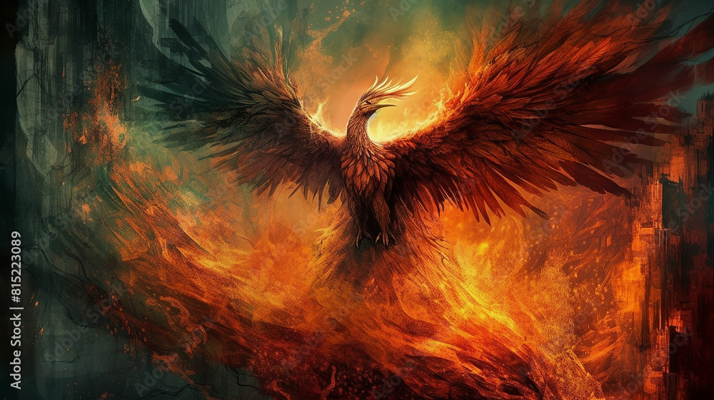 A breathtaking phoenix rising from the ashes, its wings spread wide ...
