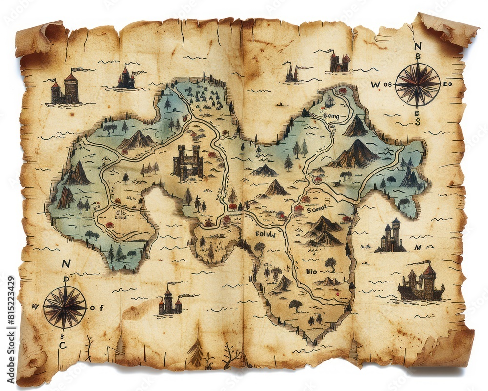 Old, worn map leading to hidden treasures, with symbols and landmarks ...