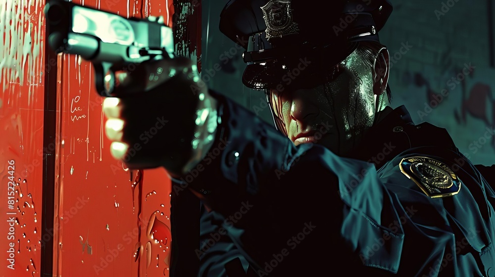 Design an image showing a police officer, gun in hand, strategizing ...