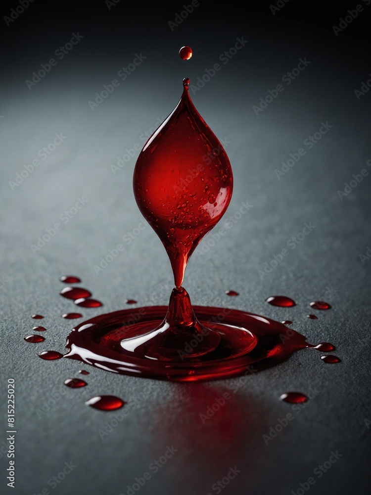 Moment of dynamic stillness captured as droplet of red liquid forms ...